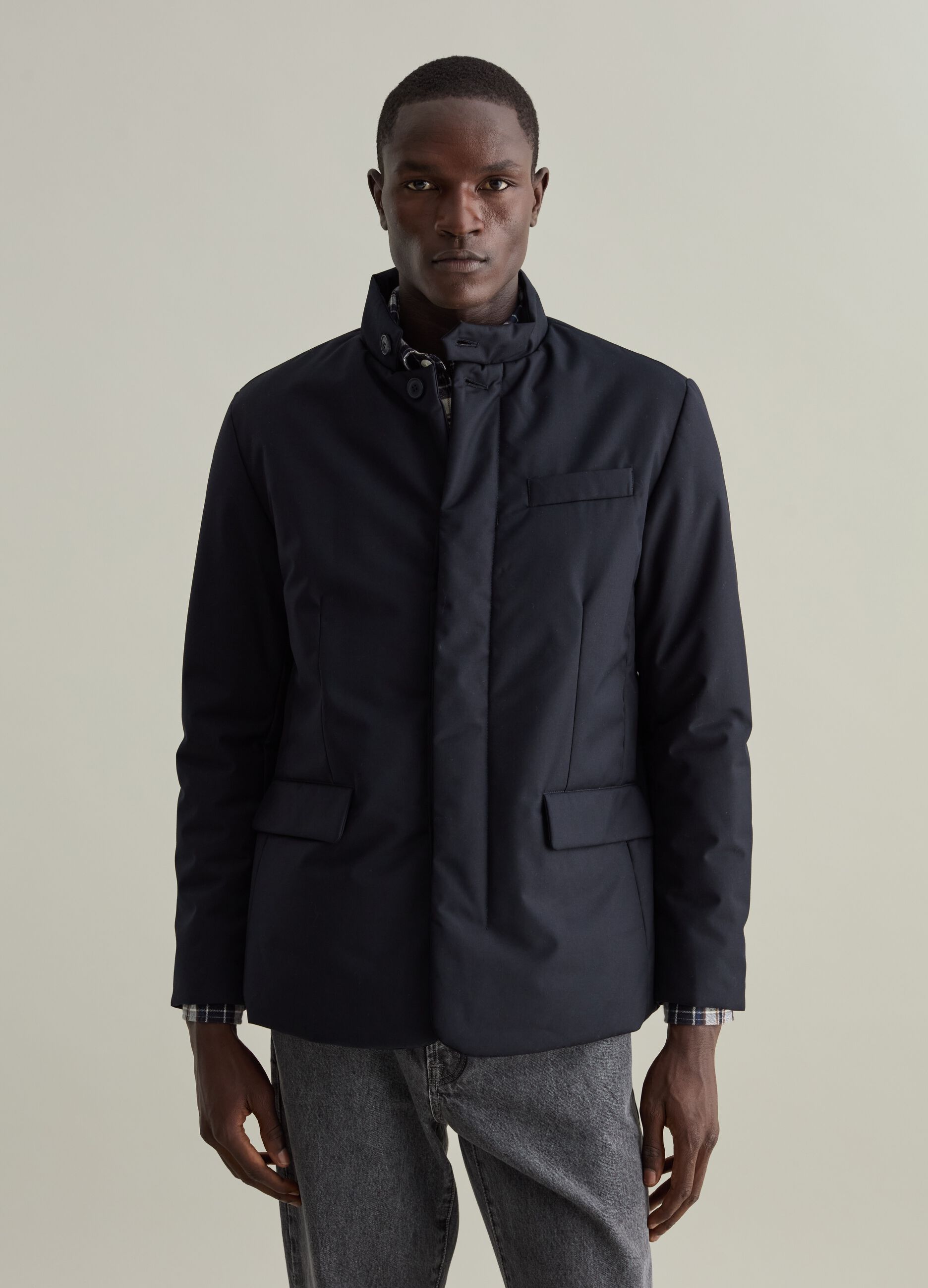 Man's Navy Blue Short slim-fit jacket with high neck | PIOMBO